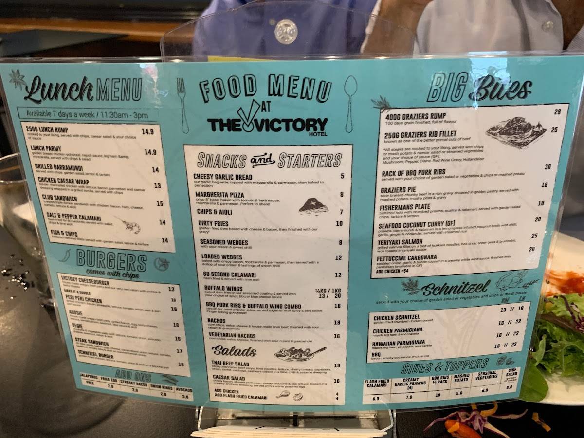 Menu at Victory Hotel pub & bar, Brisbane City