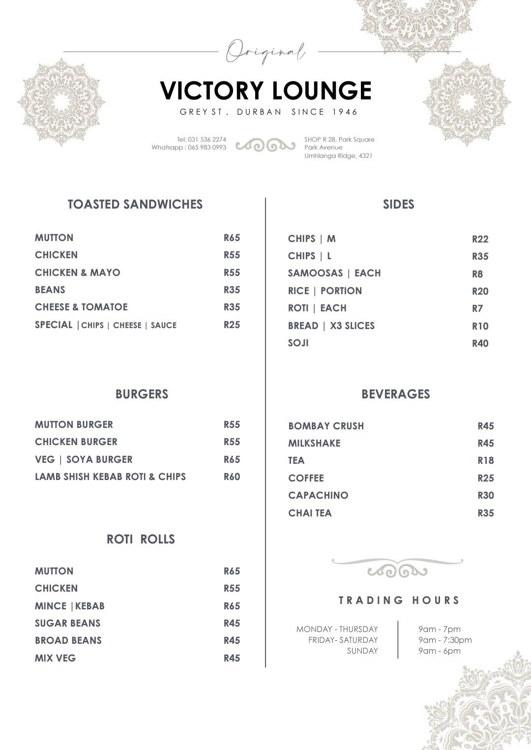 Menu at Victory Lounge restaurant, Umhlanga, Shop 28