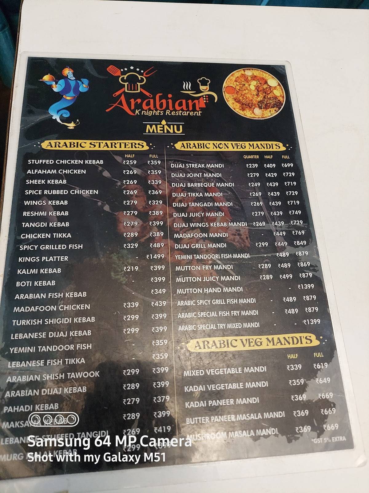 Menu at Arabian Knights, Vijayawada