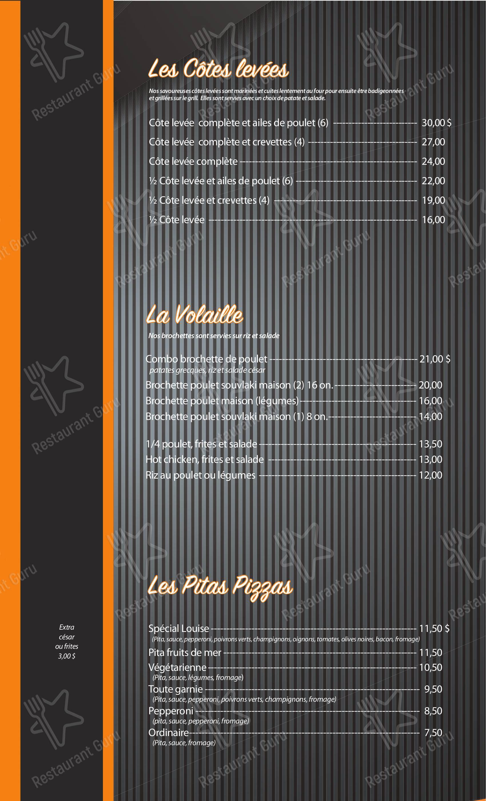 Menu au Motel Louise restaurant, Ville-Marie