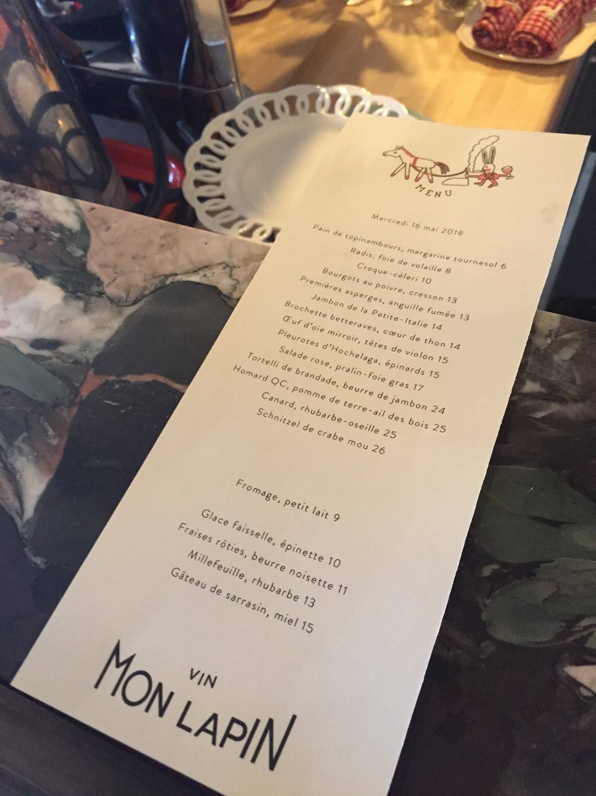 Menu au Mon Lapin pub et bar, Montréal