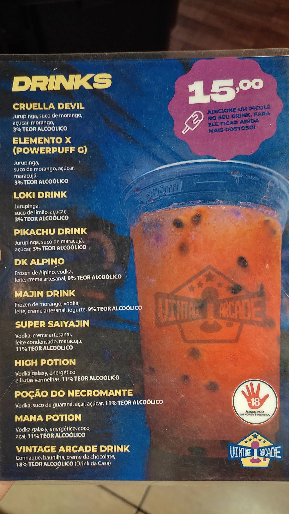 Carta del restaurante Vintage Arcade, Bebedouro