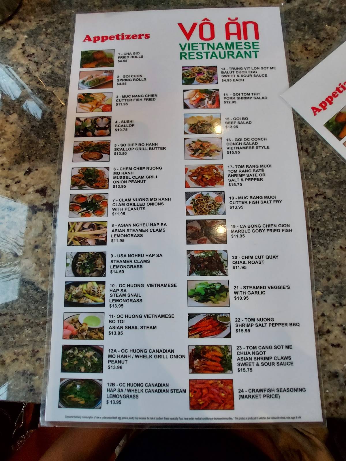 Menu at Vo An Vietnamese restaurant, Margate