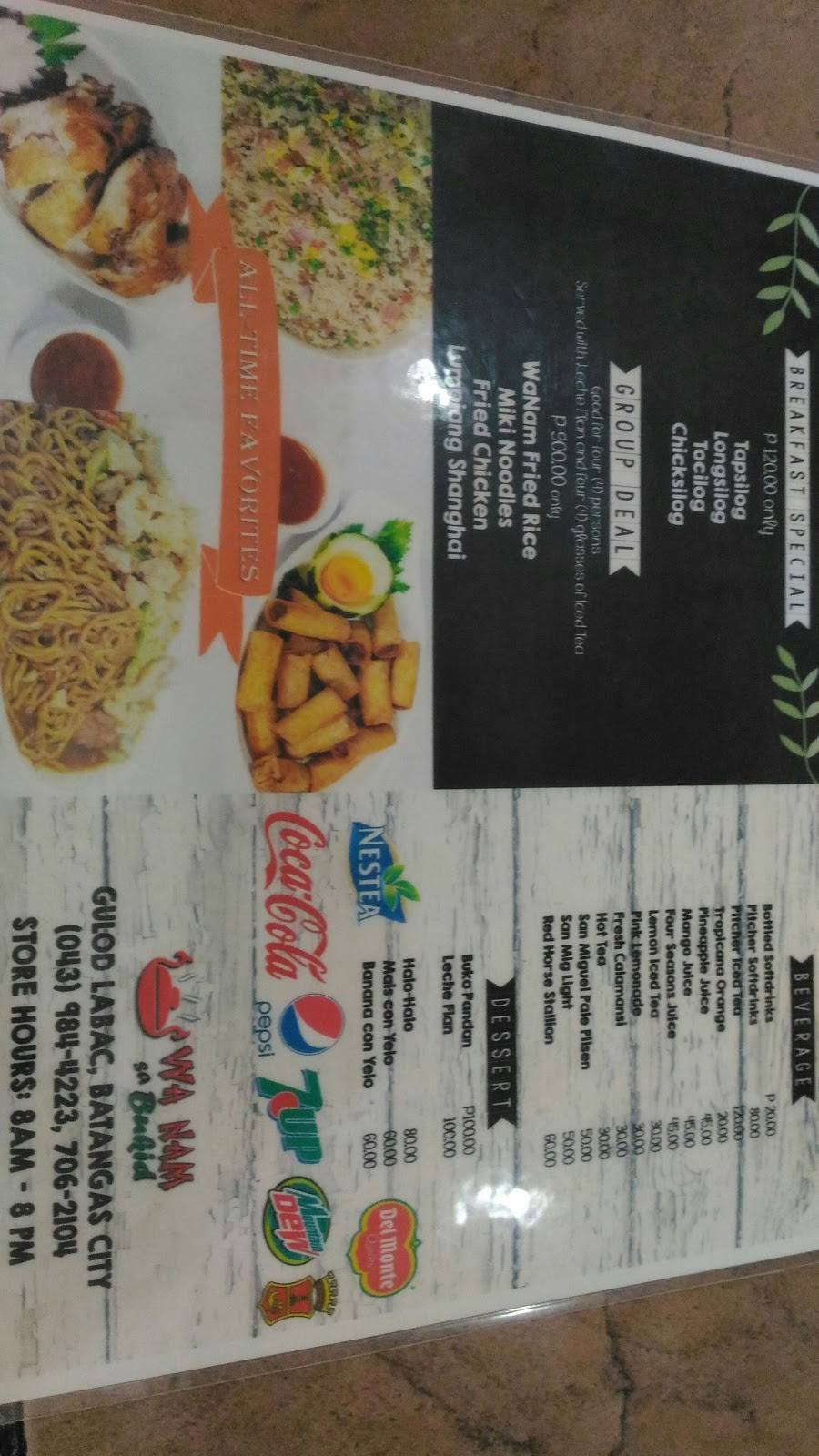 Menu at Wanam sa Bukid restaurant, Batangas