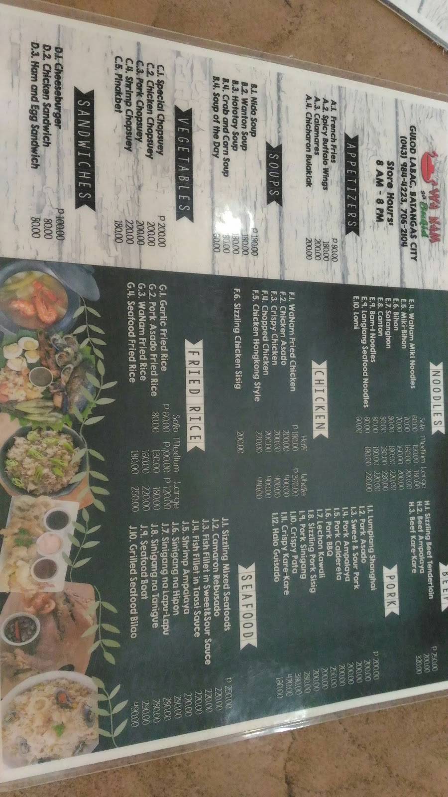 Menu at Wanam sa Bukid restaurant, Batangas