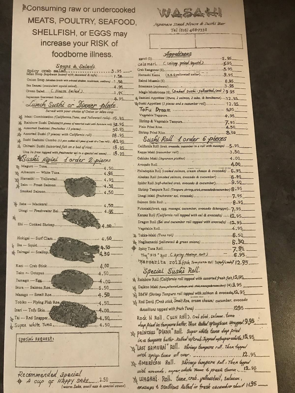 Menu at Wasahi Japanese Steak House & Sushi Bar, Kansas City