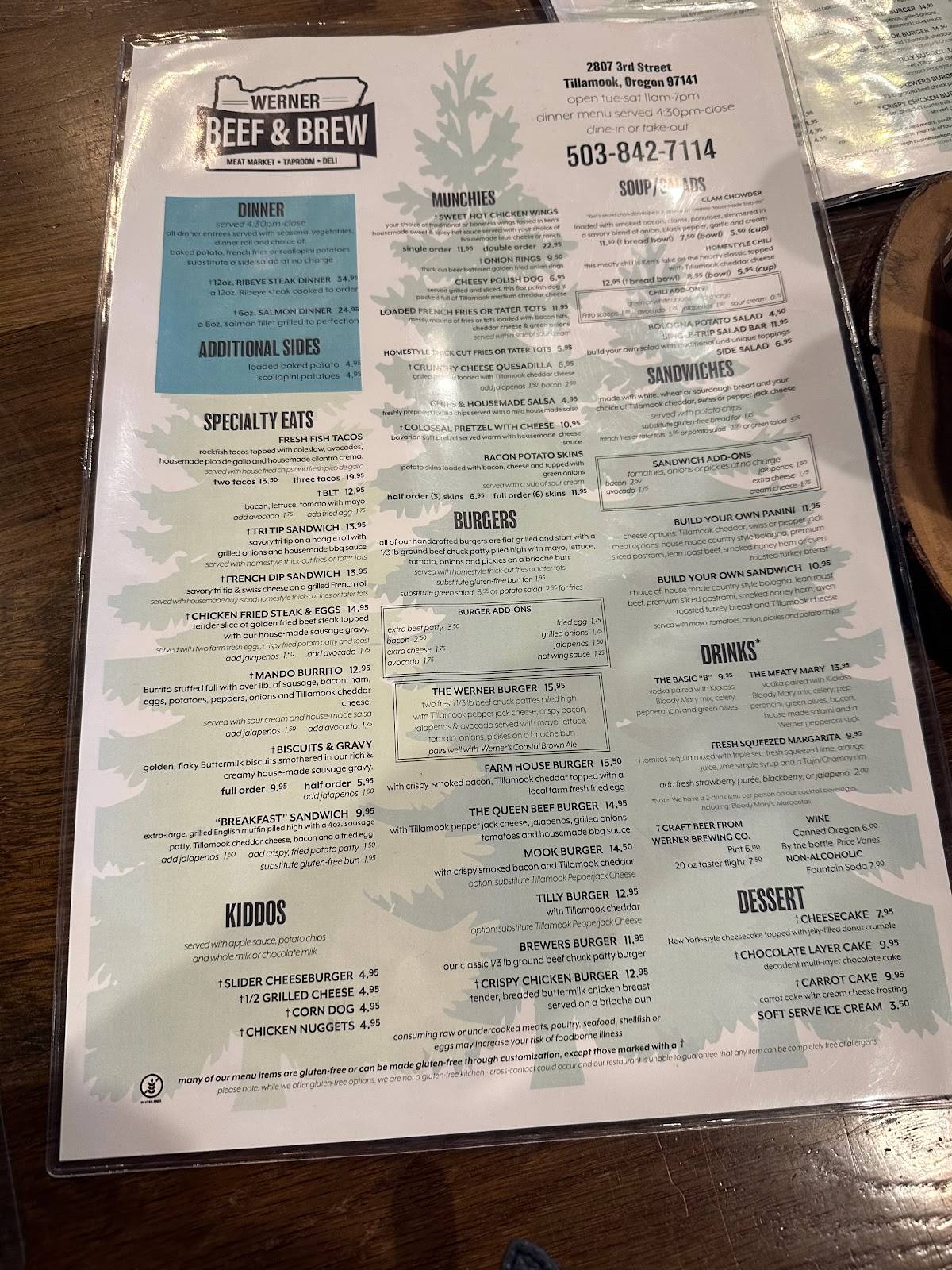 Menu at Werner Beef & Brew restaurant, Tillamook