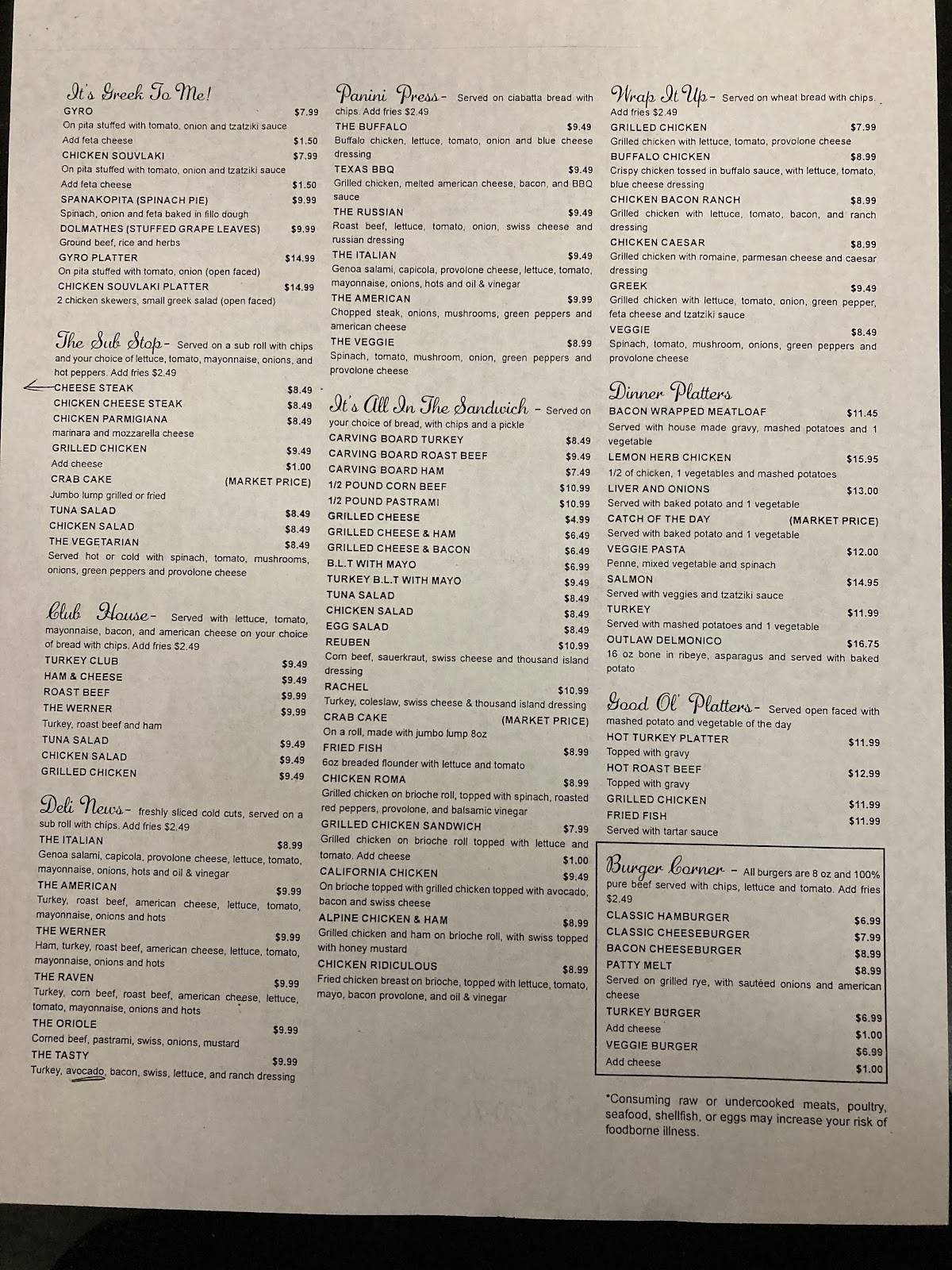 Menu at Werner's Diner and Pub, Baltimore