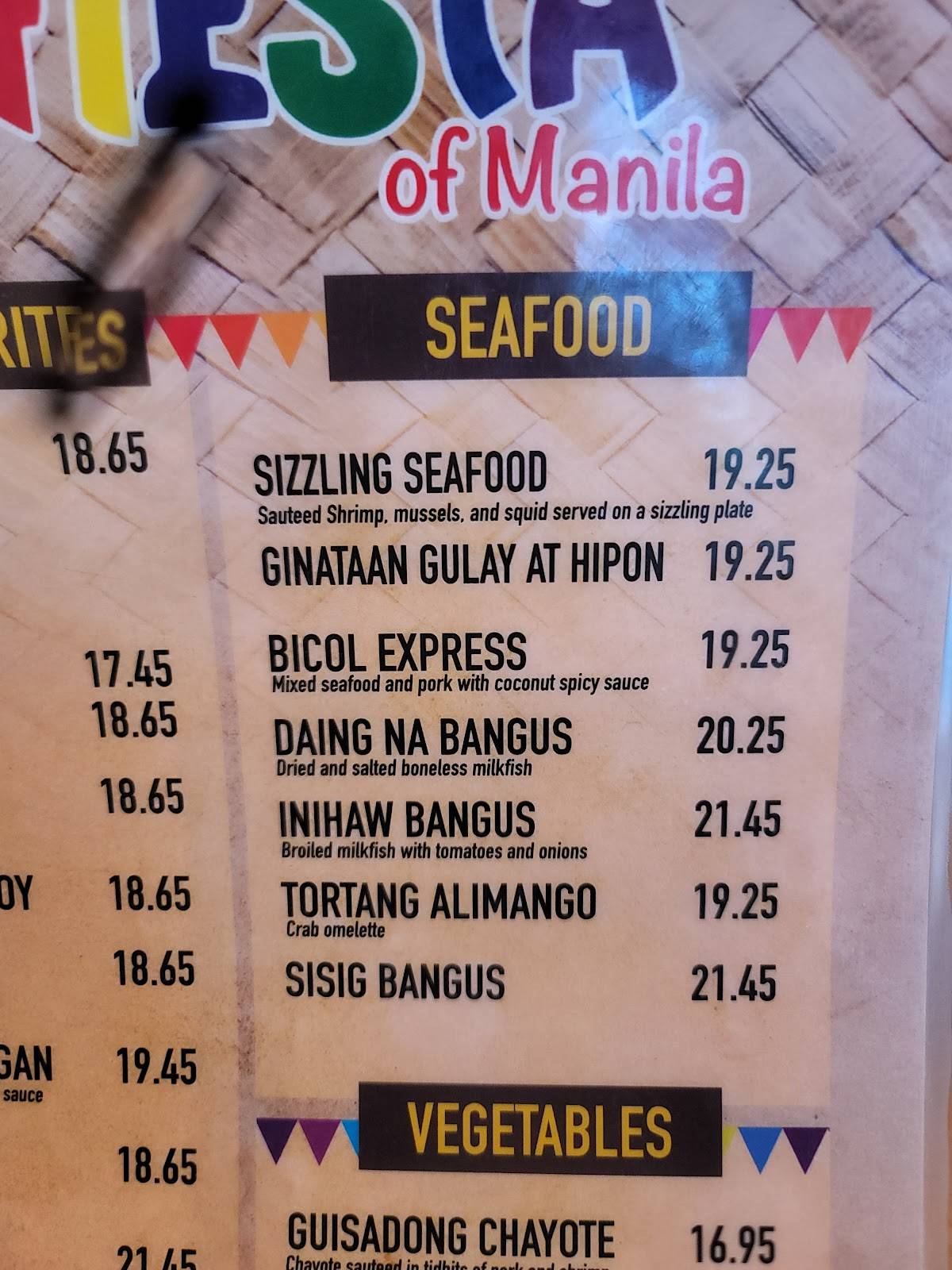 Menu at The original Barrio Fiesta of Manila, West Covina