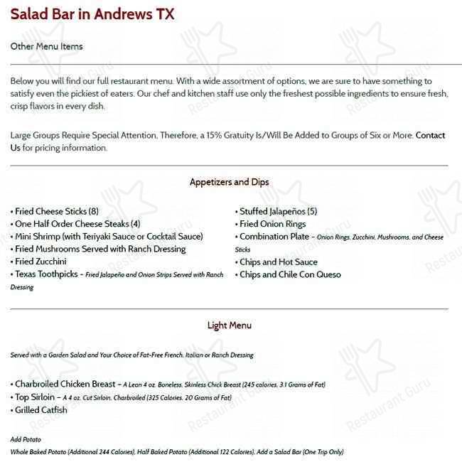 Menu at Western Grill Steak House steakhouse, Andrews
