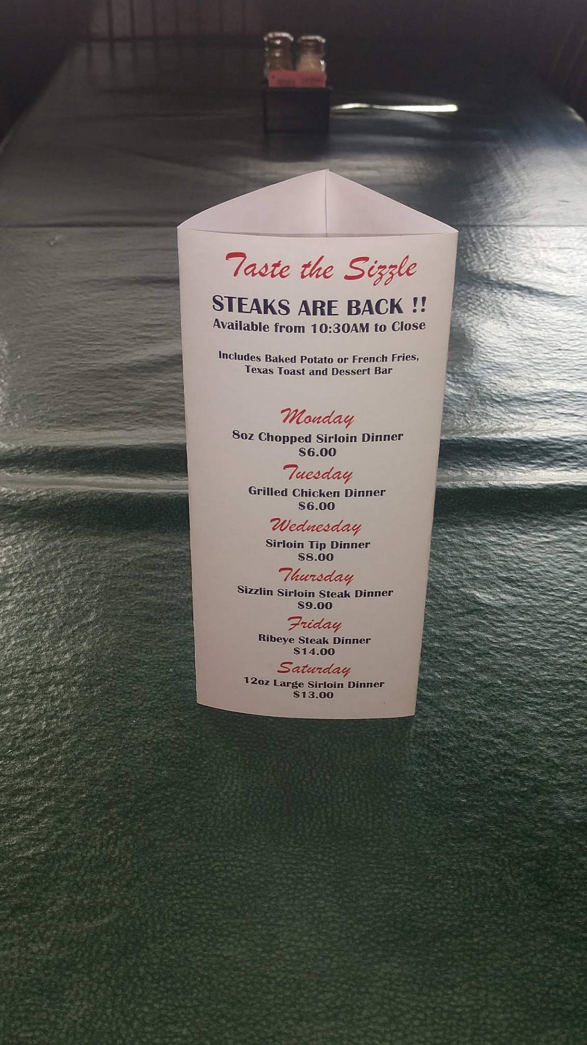 Menu at Western Sizzlin steakhouse, Rainbow City