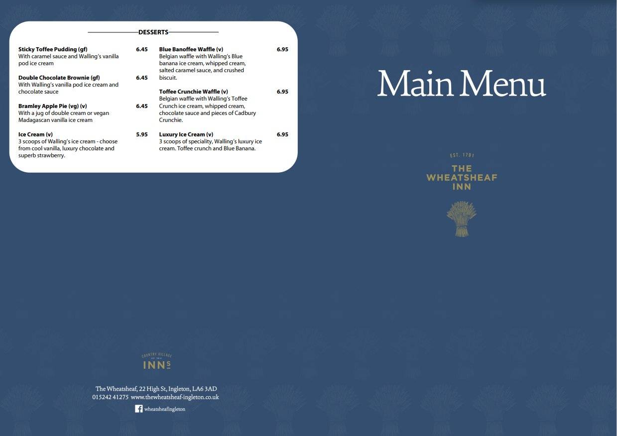 Menu at Wheatsheaf Hotel pub & bar, Ingleton