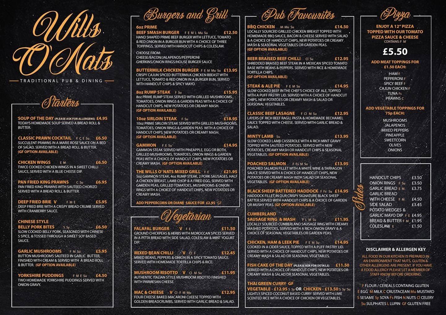 Menu at Wills O' Nats pub & bar, Holmfirth