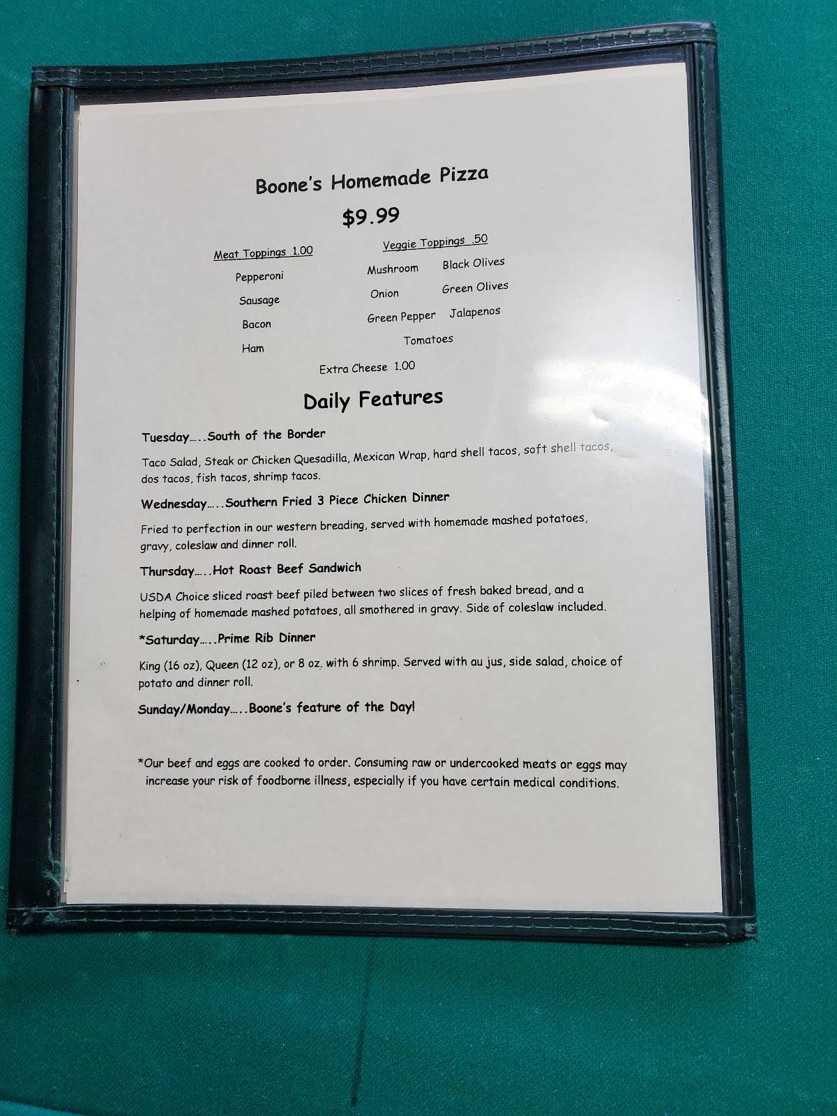 Menu at Boone's Saloon restaurant, Wisconsin Rapids