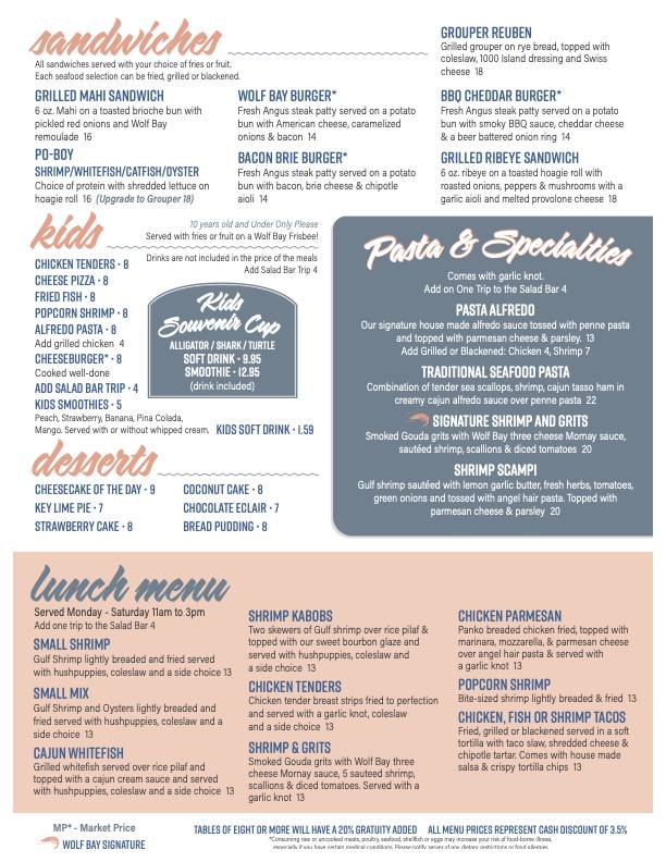 Menu at Wolf Bay Restaurant at Foley, Foley, Miflin Rd