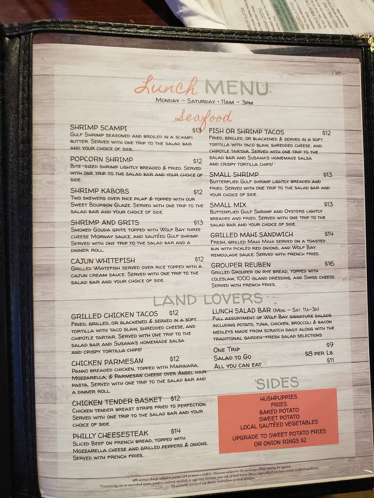 Menu at Wolf Bay Restaurant at Foley, Foley, Miflin Rd