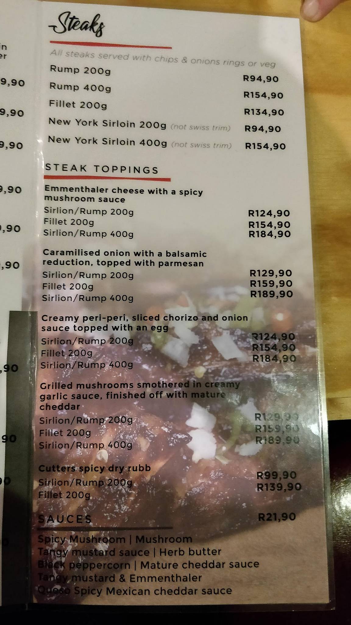 Menu at Woodcutters Restaurant, Durban