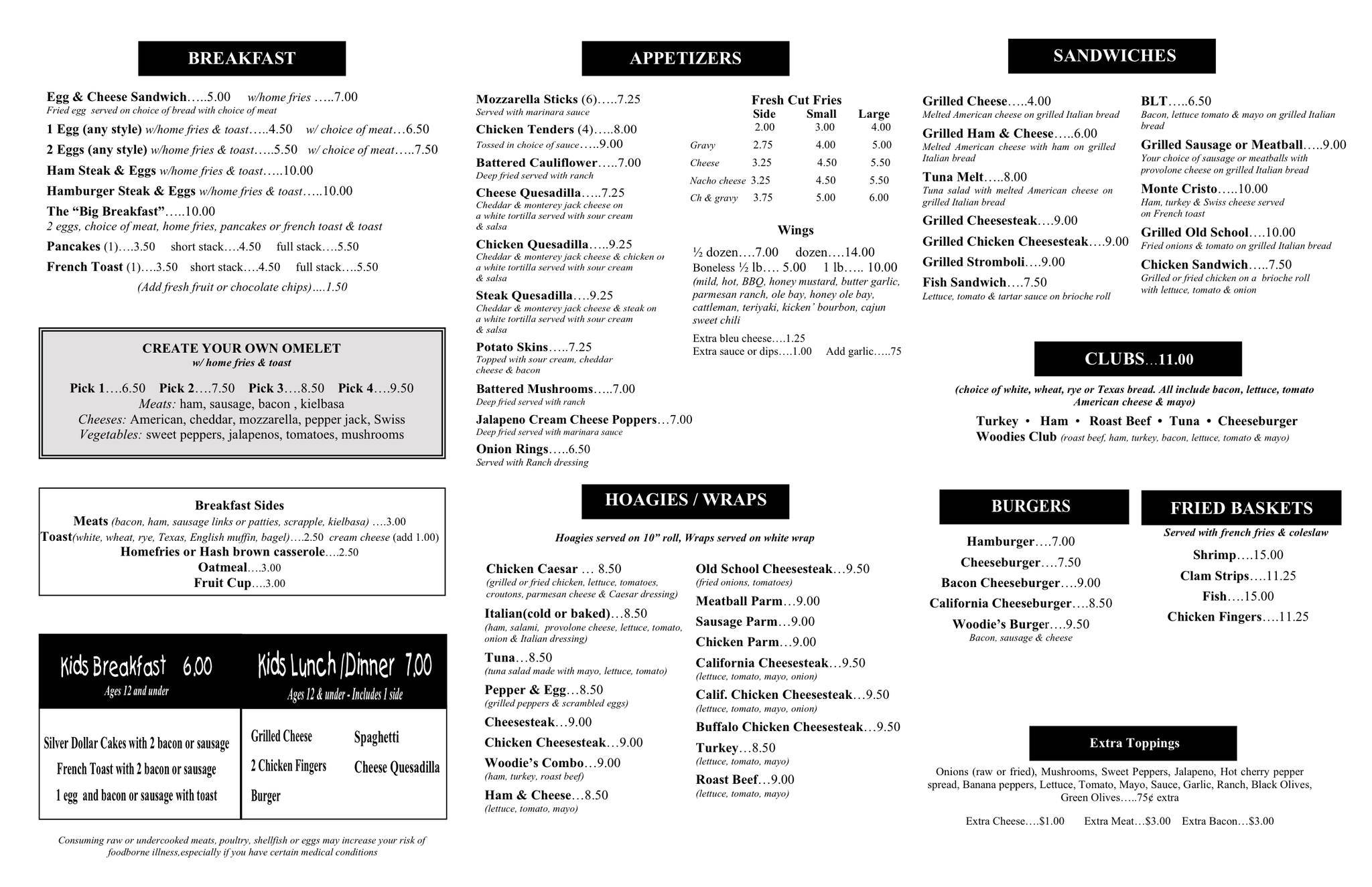 Menu at Woodie's Luncheonette restaurant, Freeland