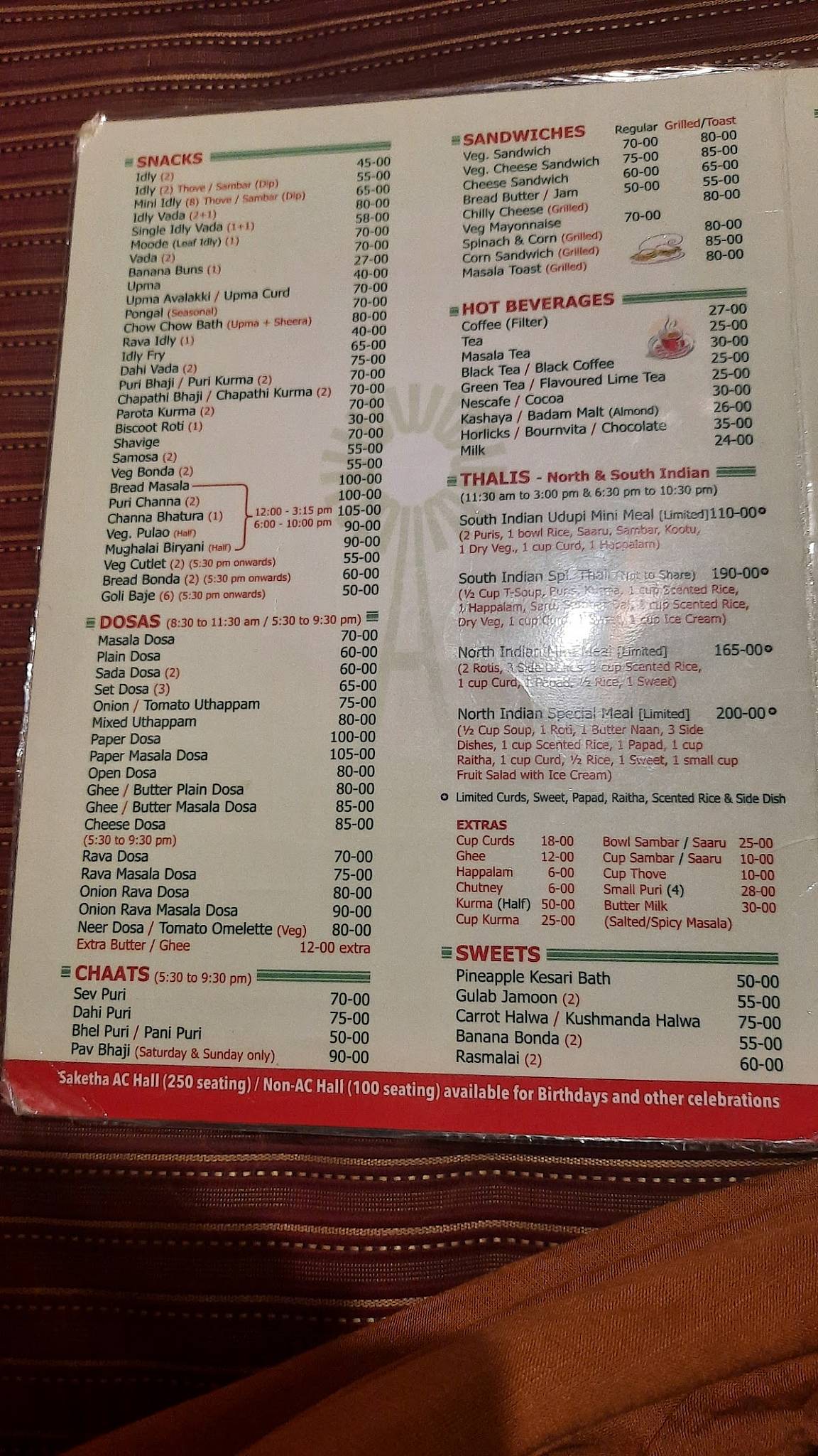 Menu at Woodlands Restaurant, Udupi, Dr. U. R. RAO Complex