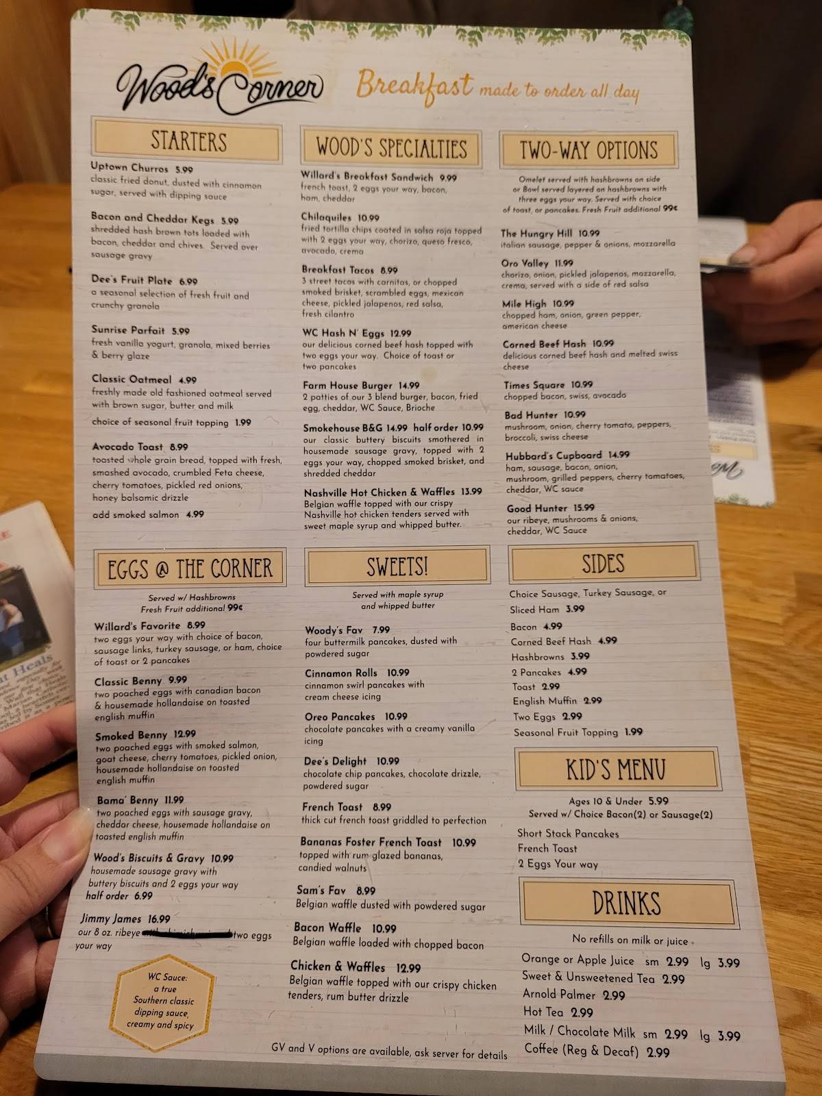 Menu at Wood's Corner restaurant, Crete