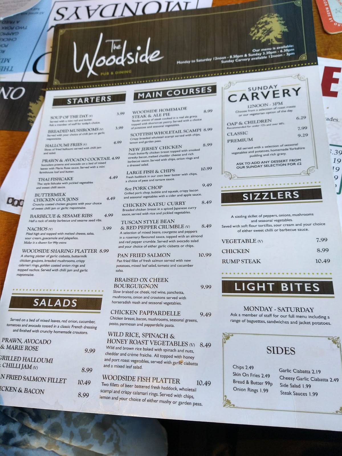 Menu at The Woodside pub & bar, Chesterfield