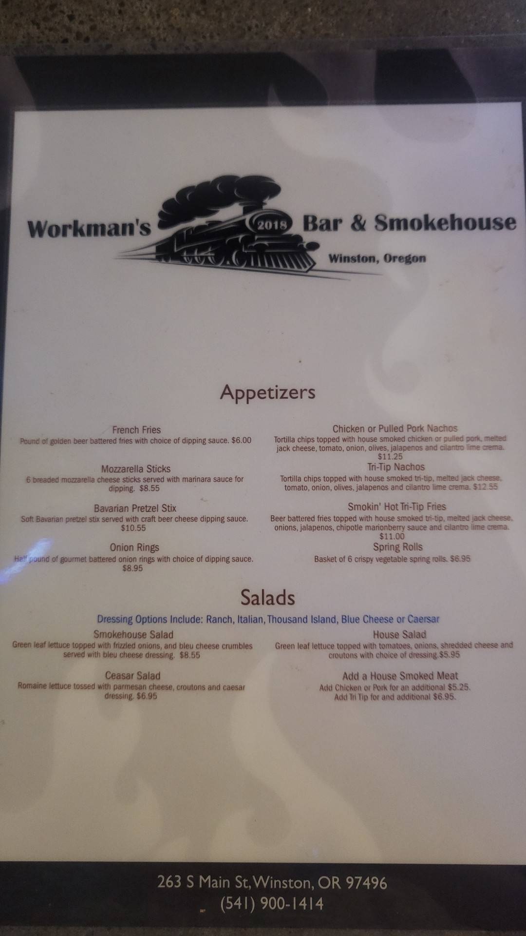 Menu at Workman's Bar & Smokehouse, Winston