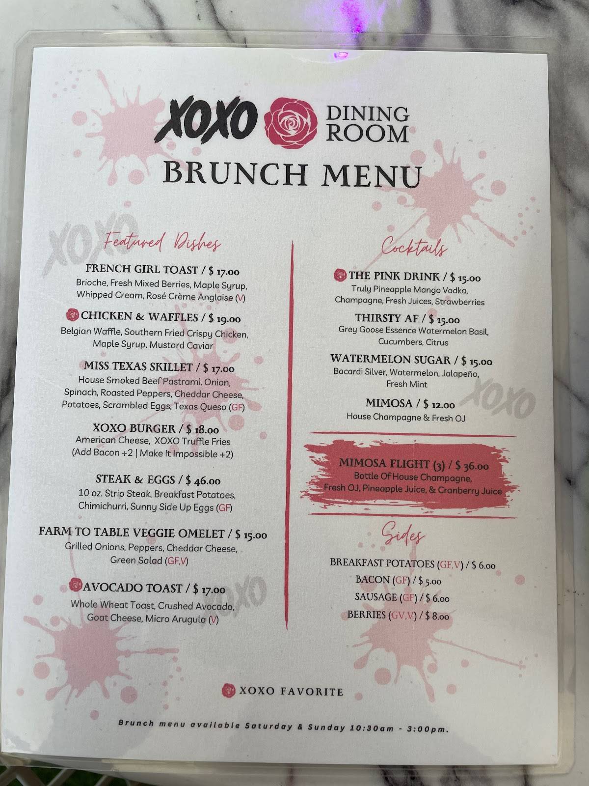 Menu at XOXO Dining Room restaurant, Dallas