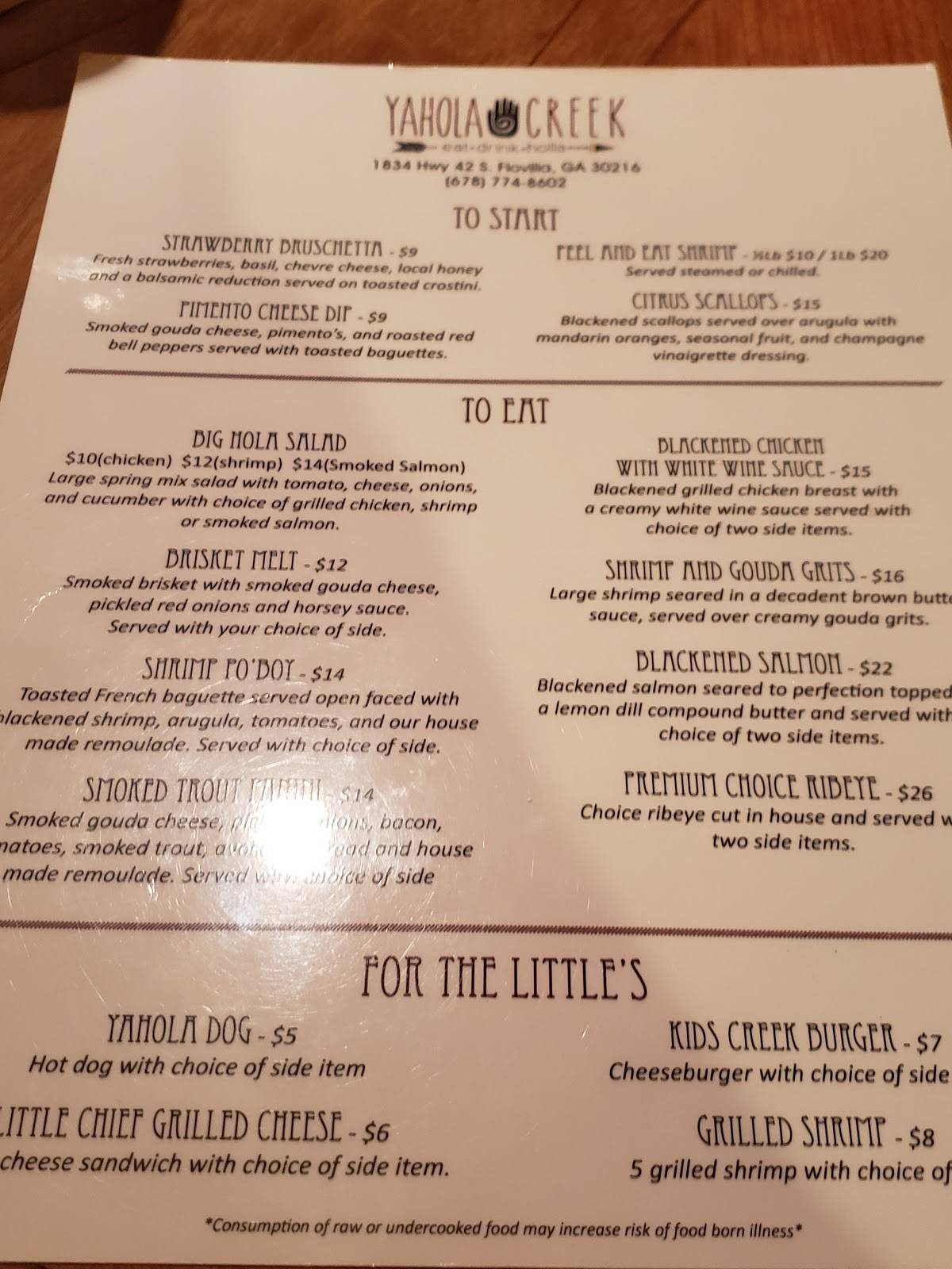 Menu at Yahola Creek Restaurant, Flovilla