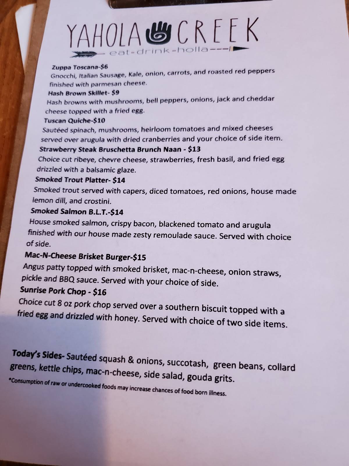 Menu at Yahola Creek Restaurant, Flovilla