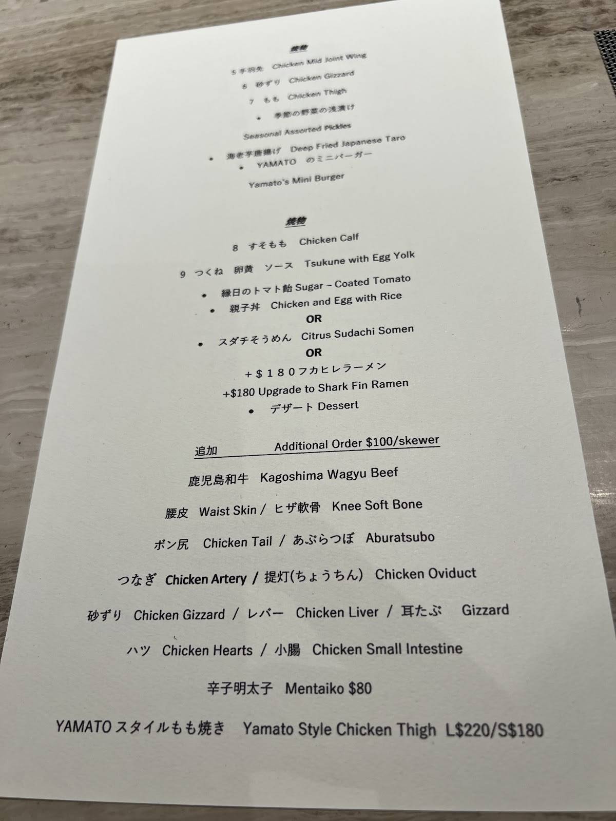 Menu at Yakitori Yamato restaurant, Hong Kong
