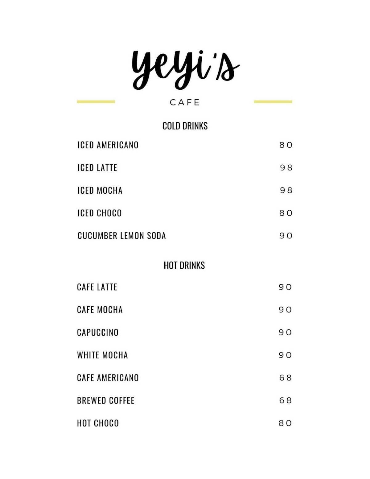 Menu at Yeyi's Pizzeria & Café, Tanay