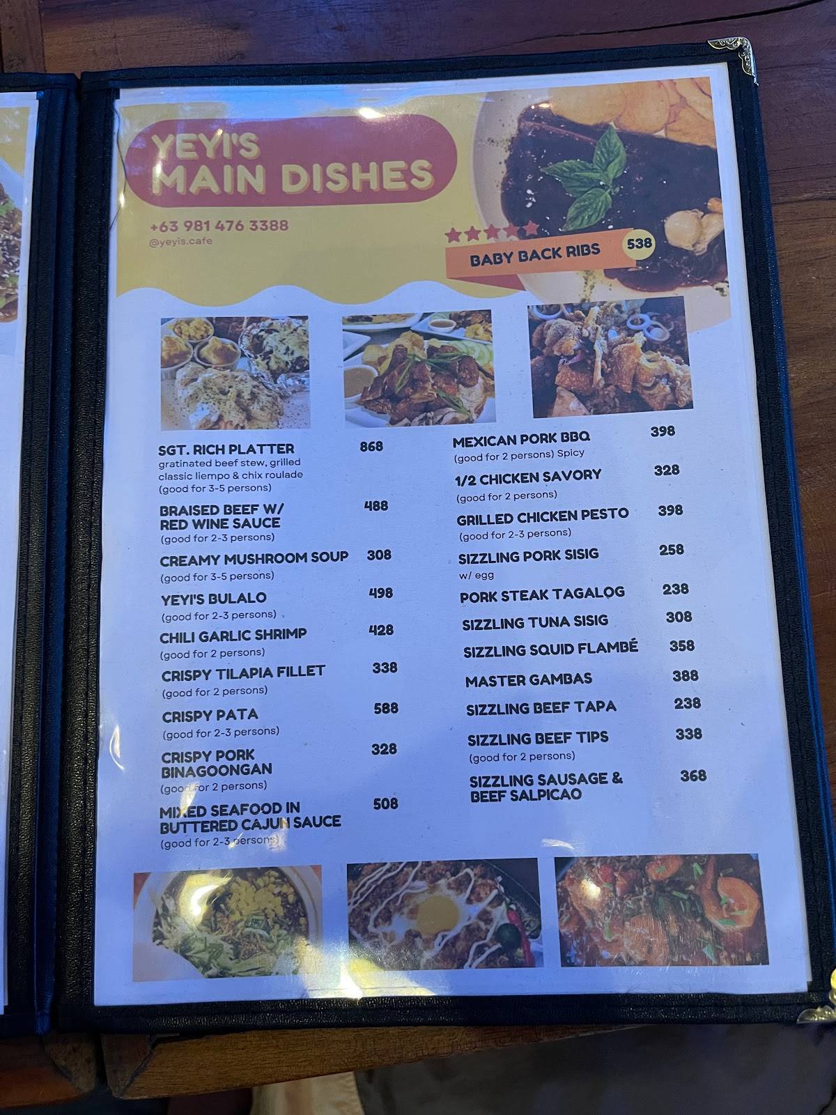 Menu at Yeyi's Pizzeria & Café, Tanay