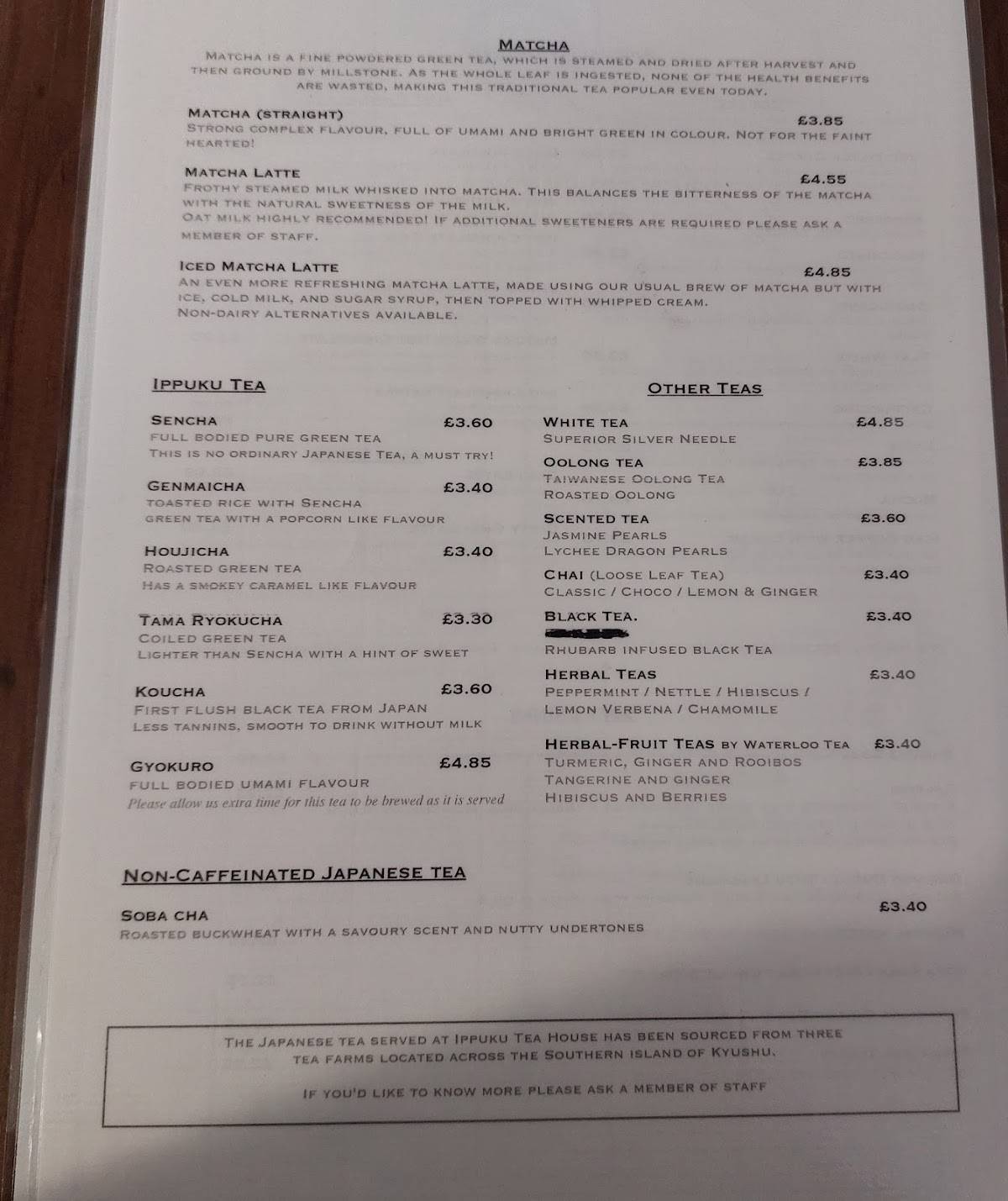 Menu at Ippuku Tea House cafe, York