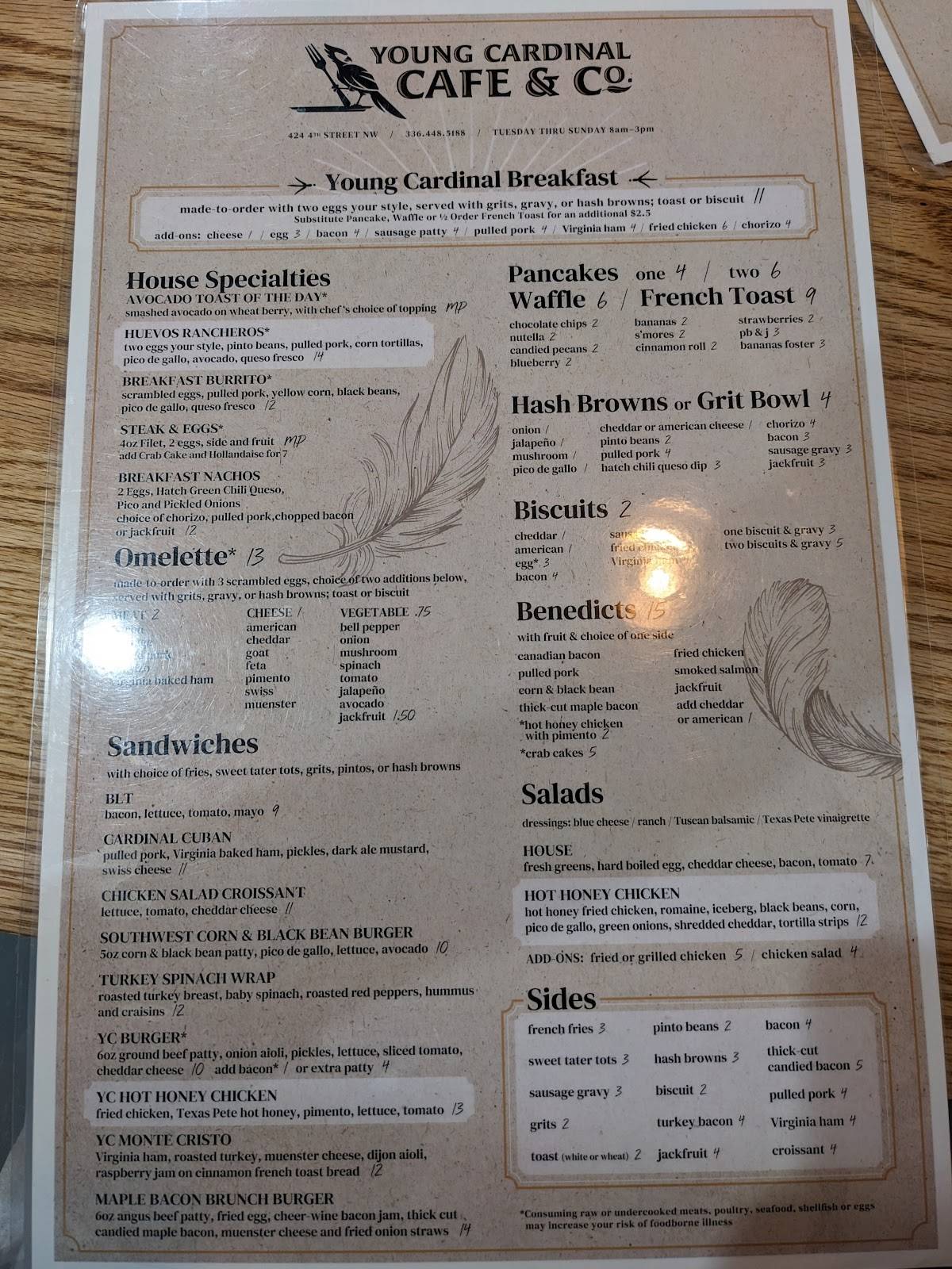 Menu at Young Cardinal Cafe and Co., Winston-Salem
