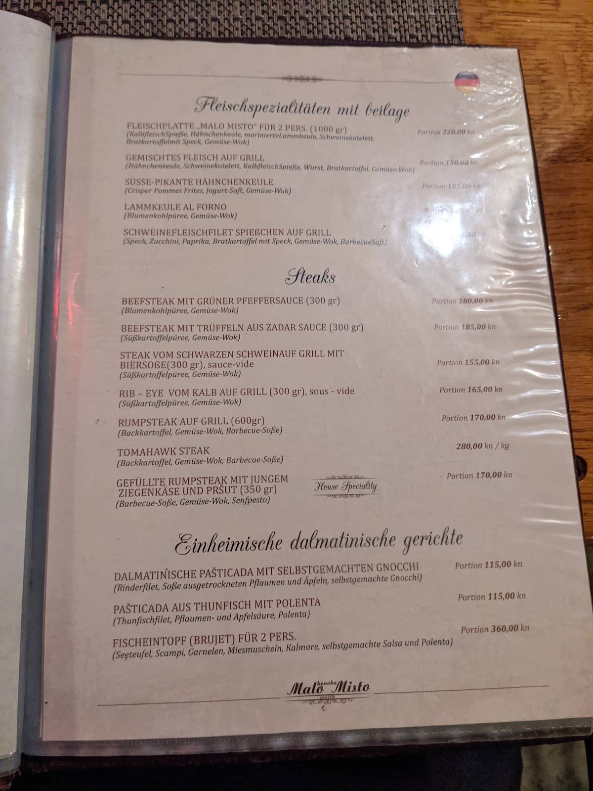 Menu at Restaurant Malo Misto, Zadar