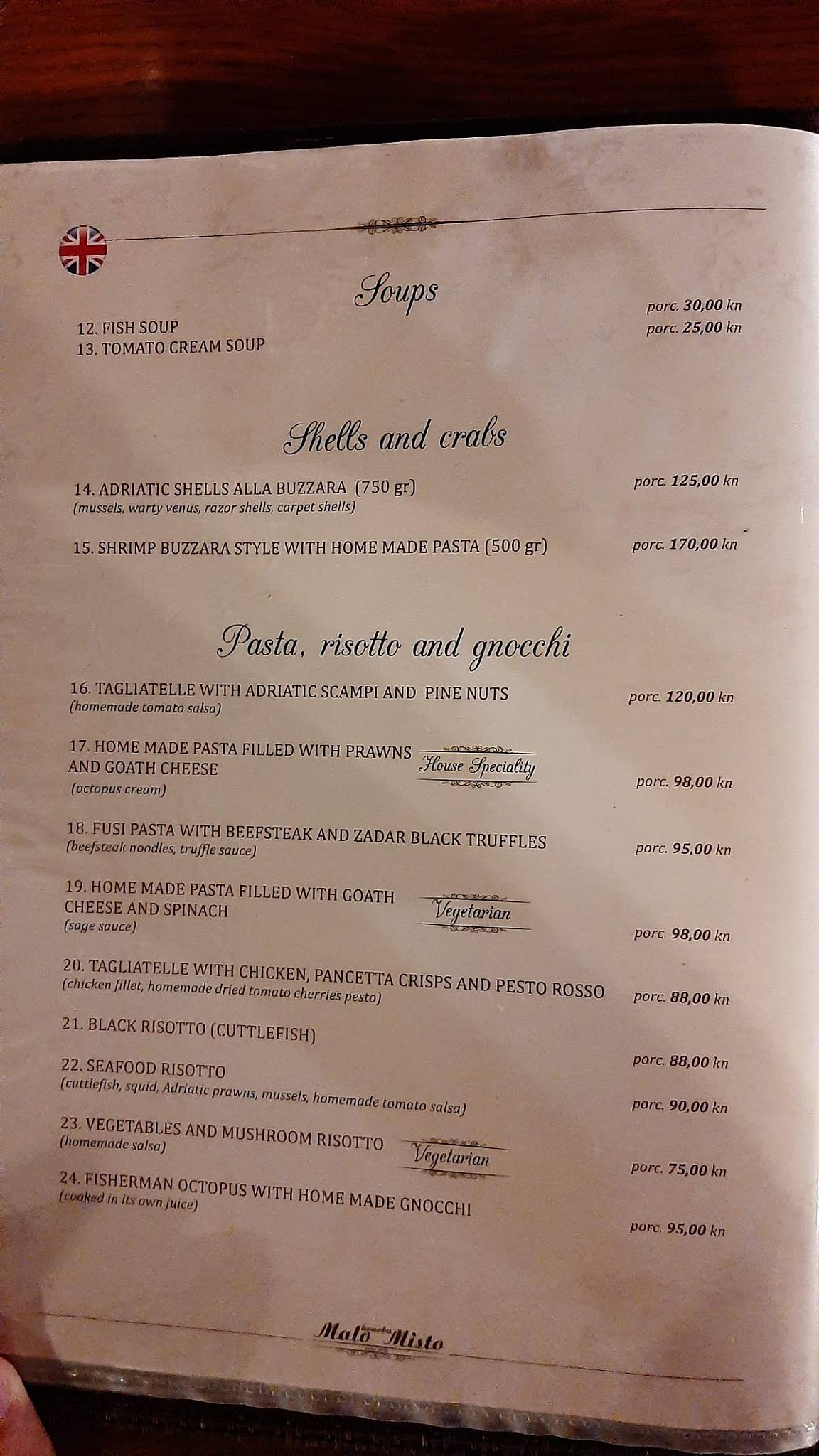 Menu at Restaurant Malo Misto, Zadar