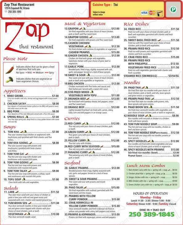 Menu at Zap Thai Restaurant, Victoria