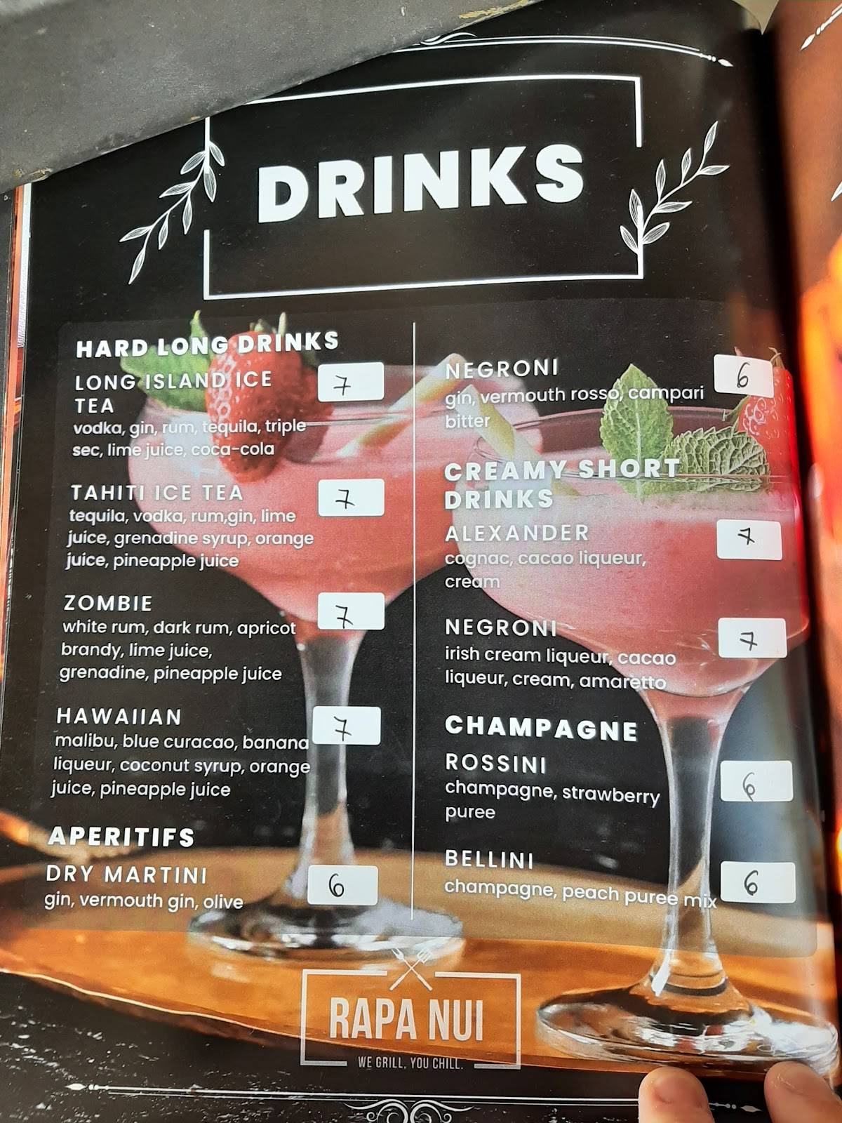 Menu da beach bar Rapa Nui, Drage