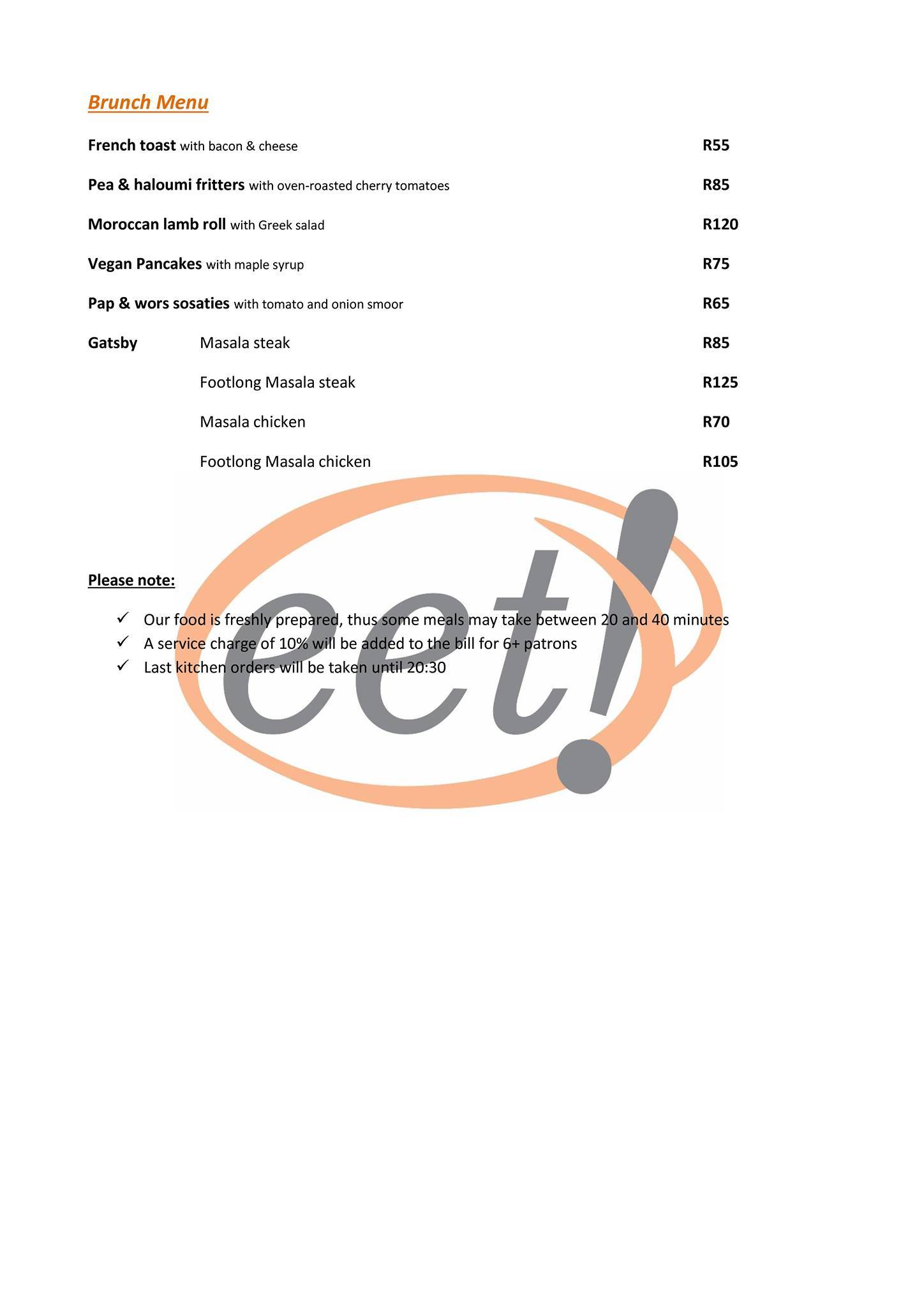 Menu au eet Restaurant, Paternoster