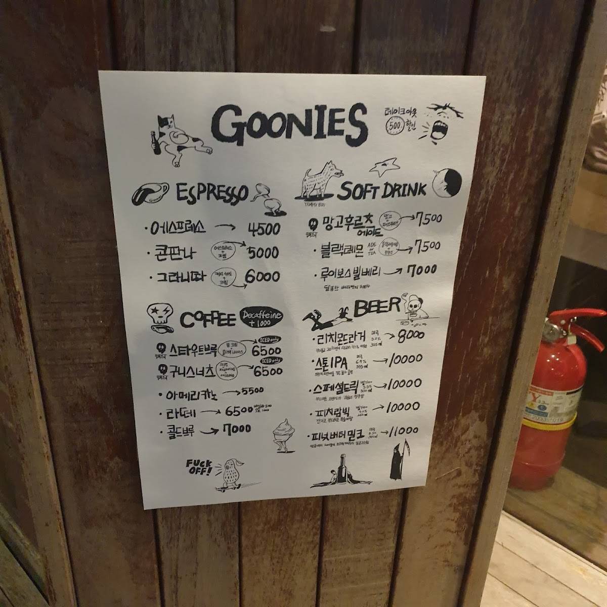 Menu at goonies cafe, Seoul