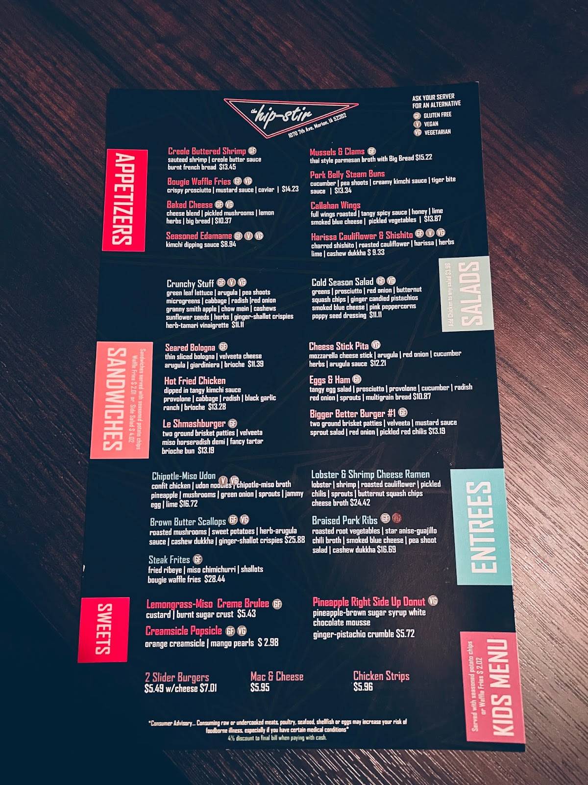 Menu at the hip-stir pub & bar, Marion