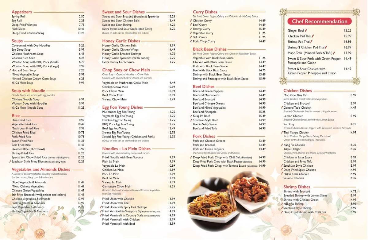 Menu at yang‘s fine kitchen restaurant, Penetanguishene