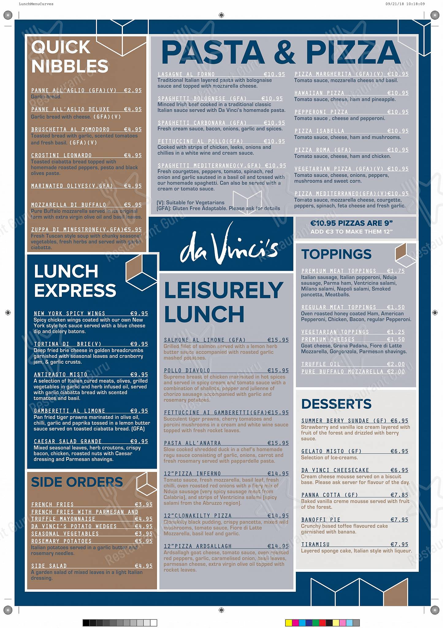Menu at Da Vinci's Italian Restaurant & Bar, Leixlip