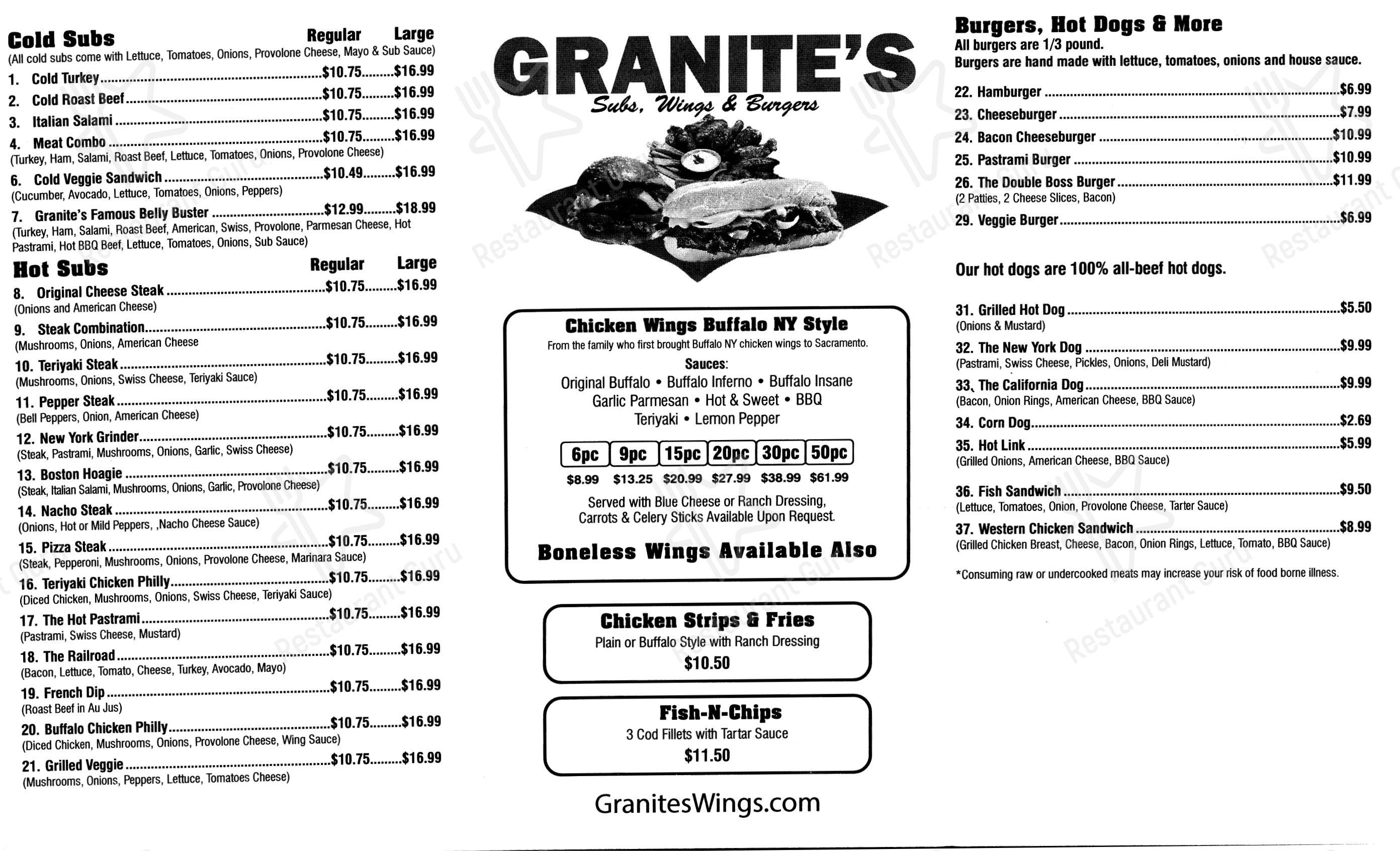 Menu at Granite's Famous Cheesesteaks & Wings restaurant, Roseville ...