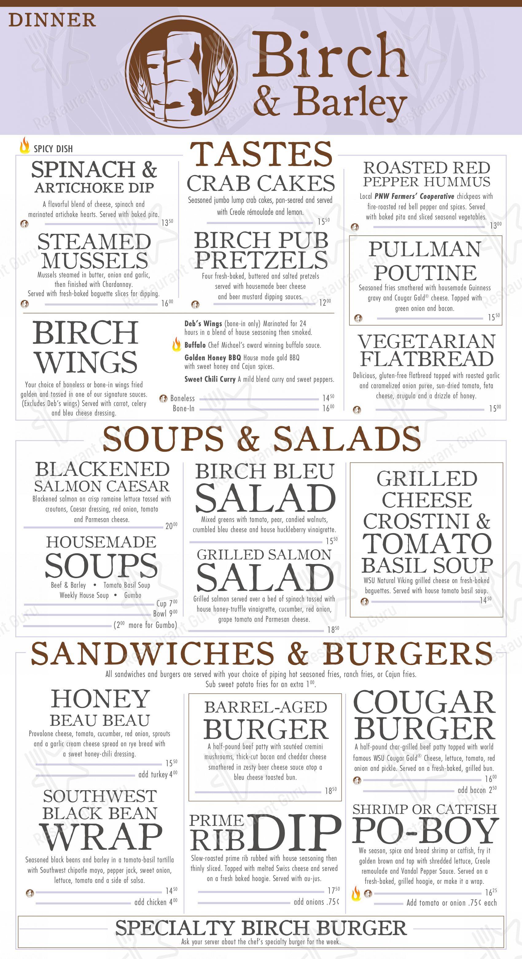 Menu at Birch and Barley, Pullman