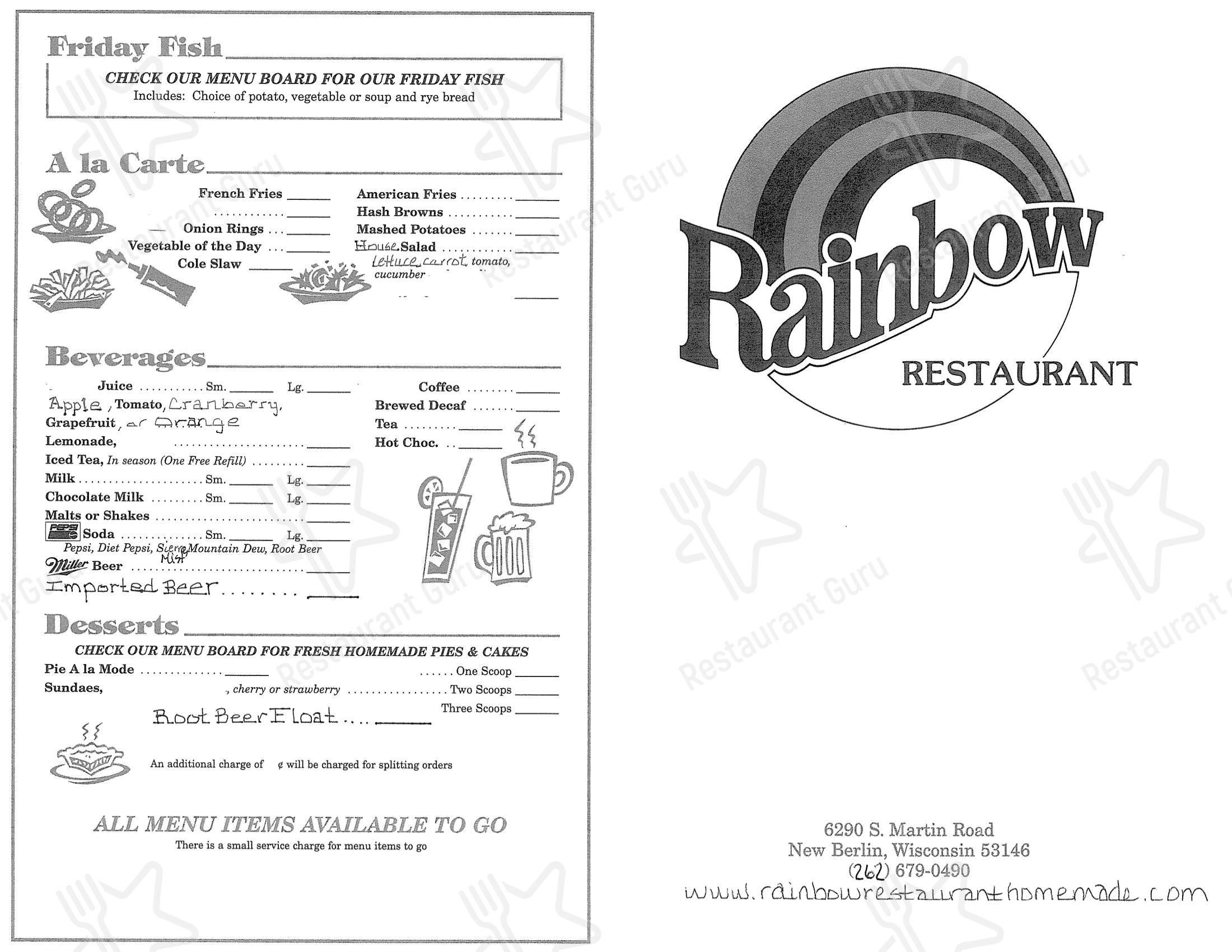 Menu at Rainbow Restaurant, New Berlin