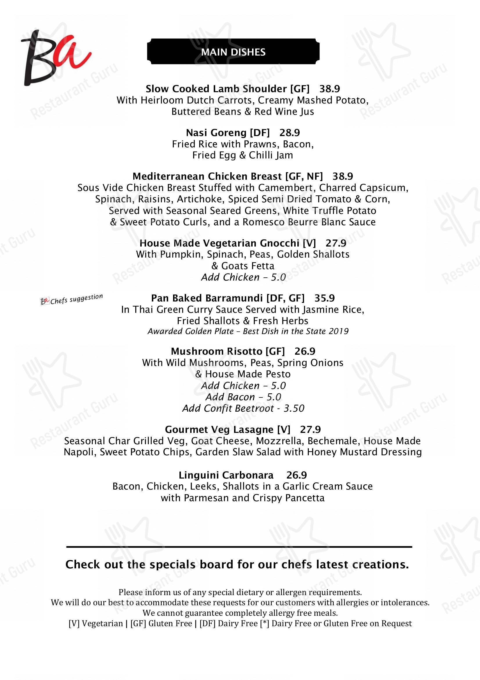 Menu at Brougham Arms Hotel restaurant, Bendigo