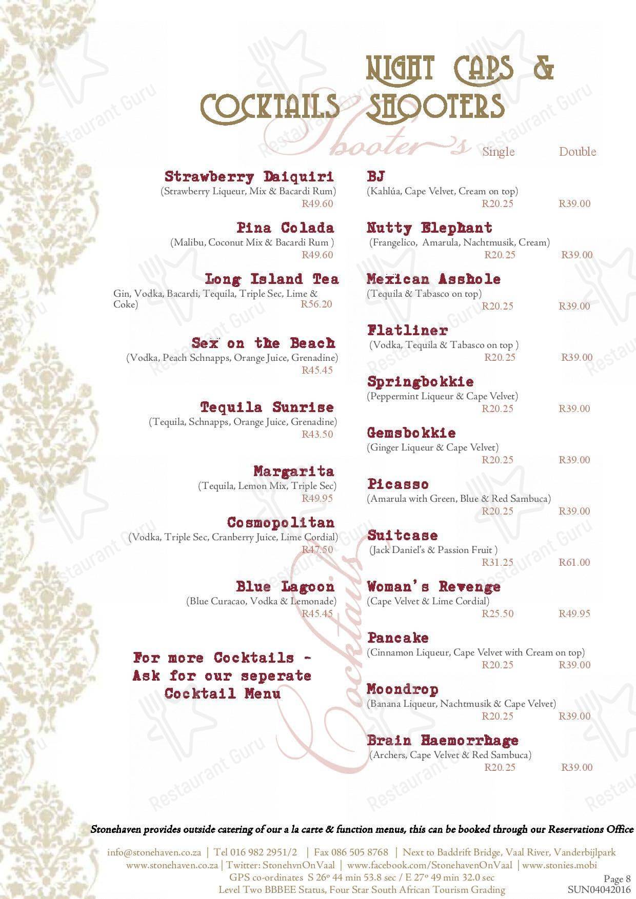 Menu at Stonehaven on Vaal restaurant, Vanderbijlpark