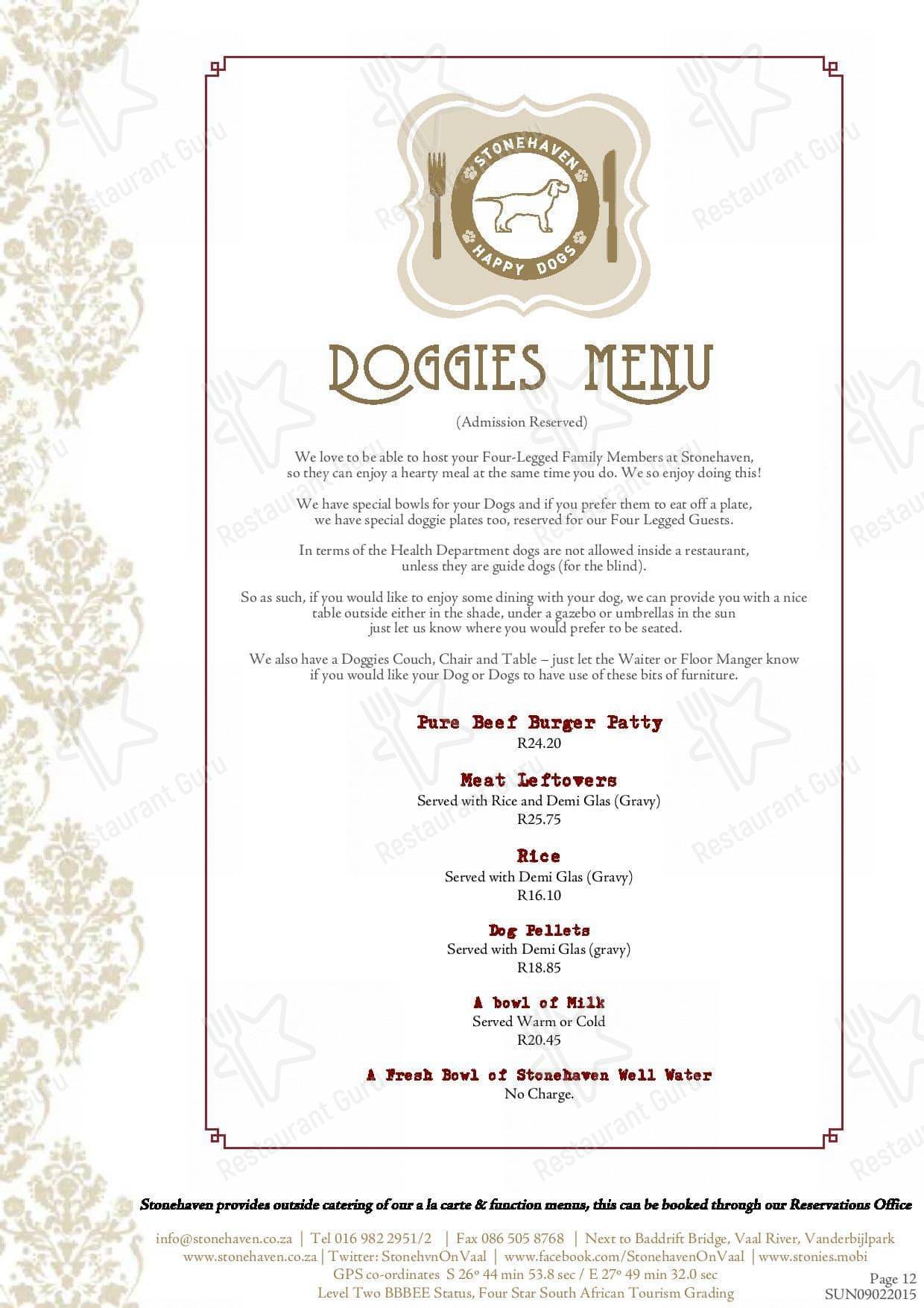 Menu at Stonehaven on Vaal restaurant, Vanderbijlpark