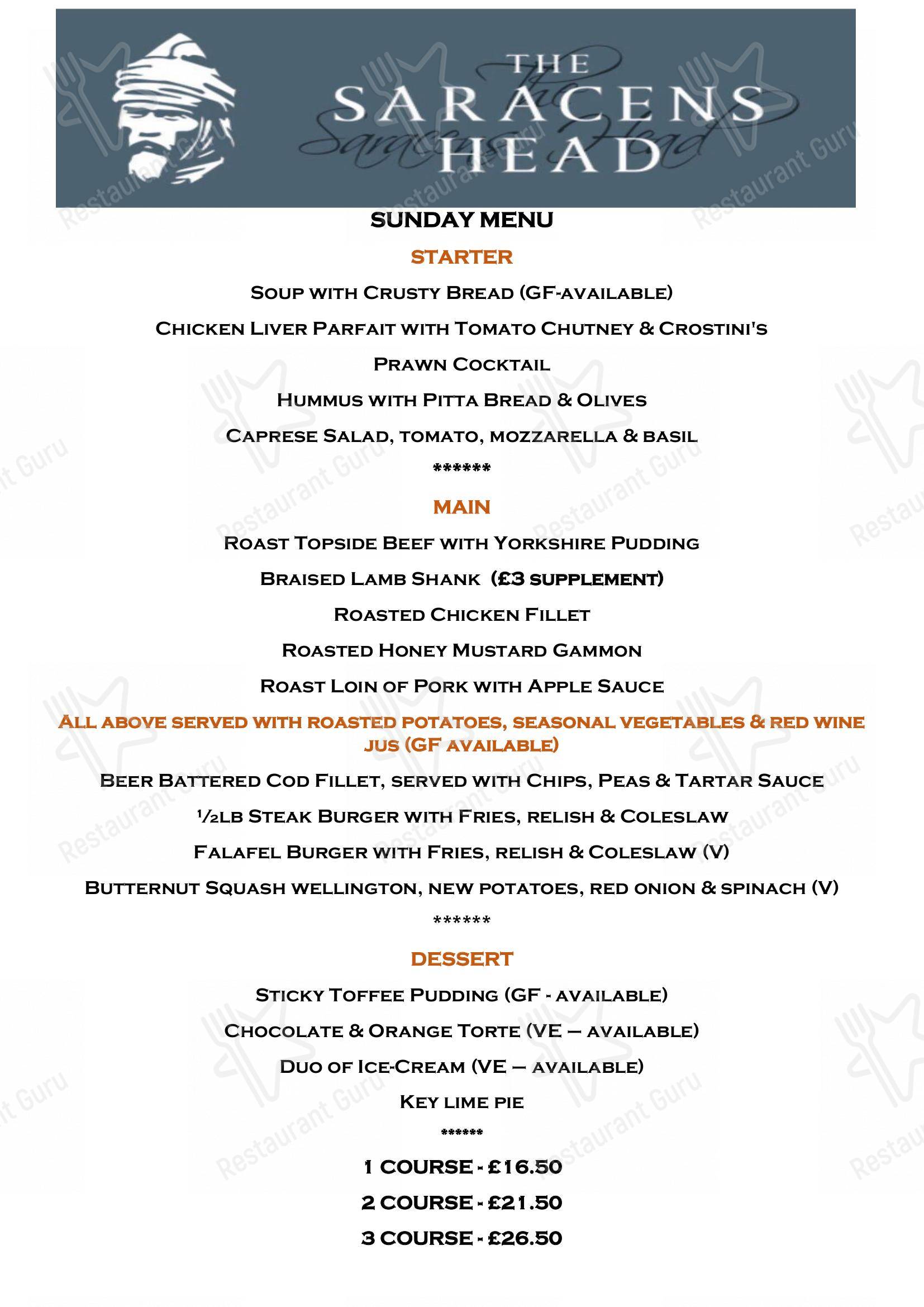 Menu at The Saracens Head pub & bar, Ormskirk